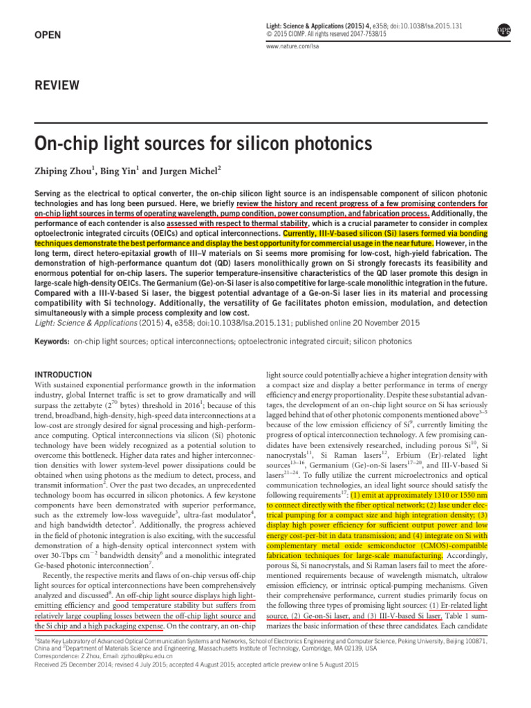 On Chip Light Sources For Silicon Photonics | PDF | Laser | Silicon