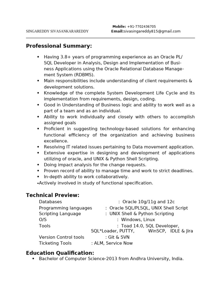 Siva PLSQL Dev | PDF | Pl/Sql | Sql