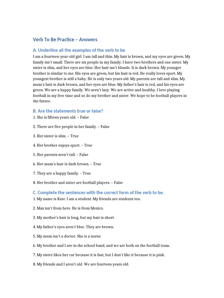 Verb To Be Practice Answers | PDF