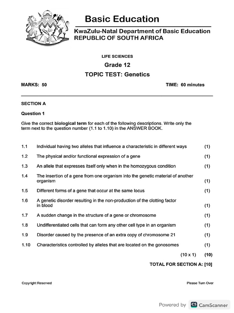 Genetics and Inheritance Test & Memo | PDF