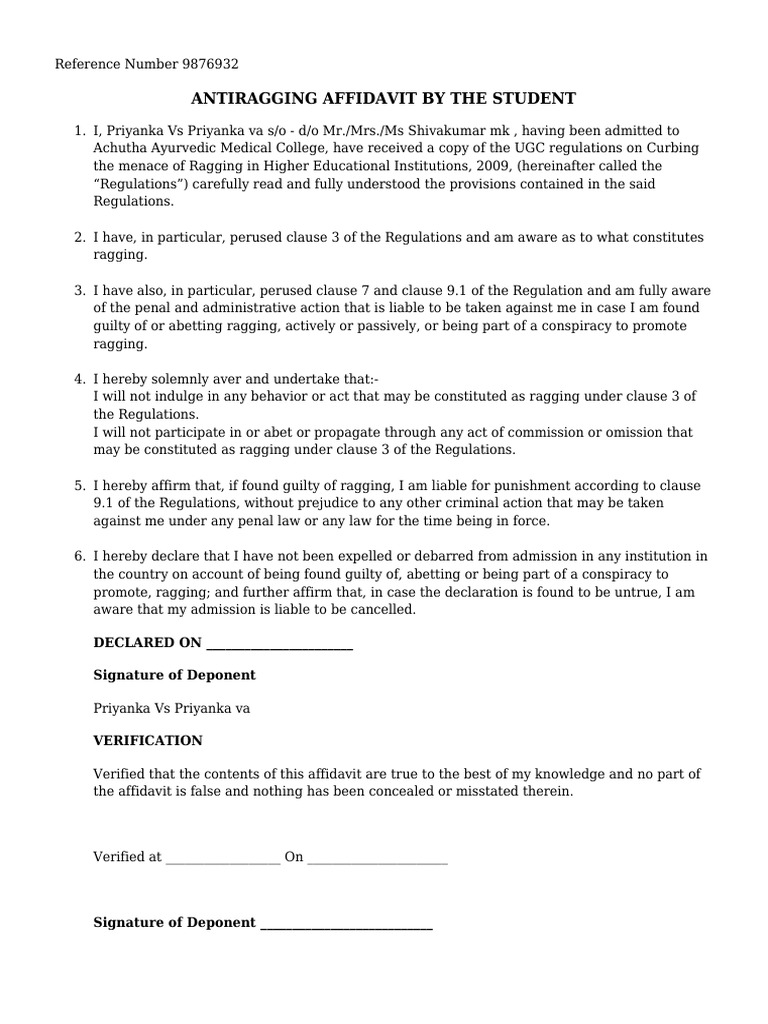 Anti Ragging Affidavit Form | PDF | Affidavit