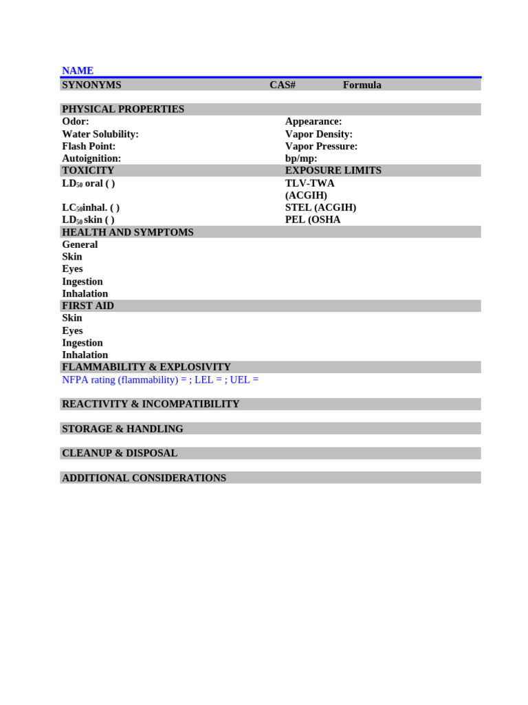 NFPA Rating (Flammability) LEL UEL | PDF