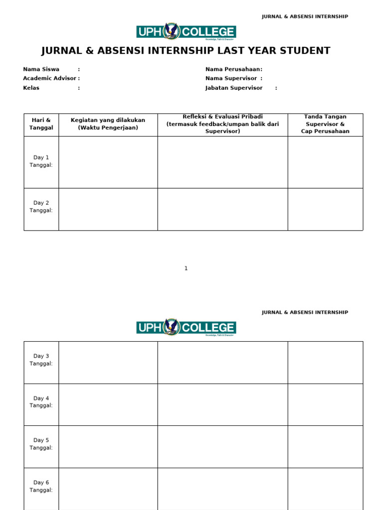 1 - KELAS - NAMA LENGKAP - Jurnal Kegiatan Dan Absensi Internship 2025 | PDF