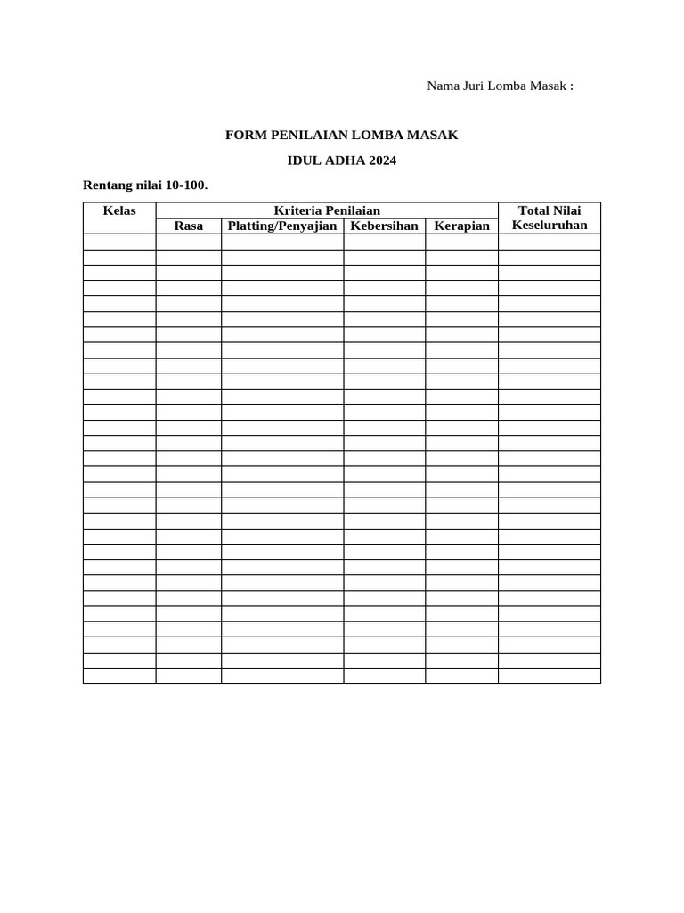 Penilaian Lomba Masak Idul Adha 2024 | PDF