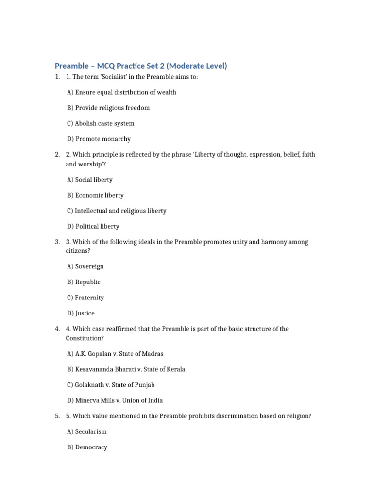Preamble MCQ Practice Set 2 MHCET | PDF