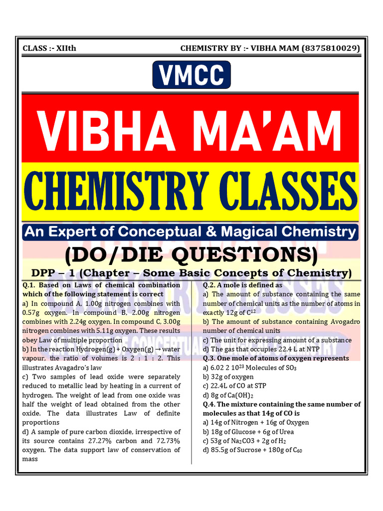 DPP - 1 (Some Basic Concepts of Chemistry) - 250517 - 135624 | PDF | Chemical Substances | Mole ...