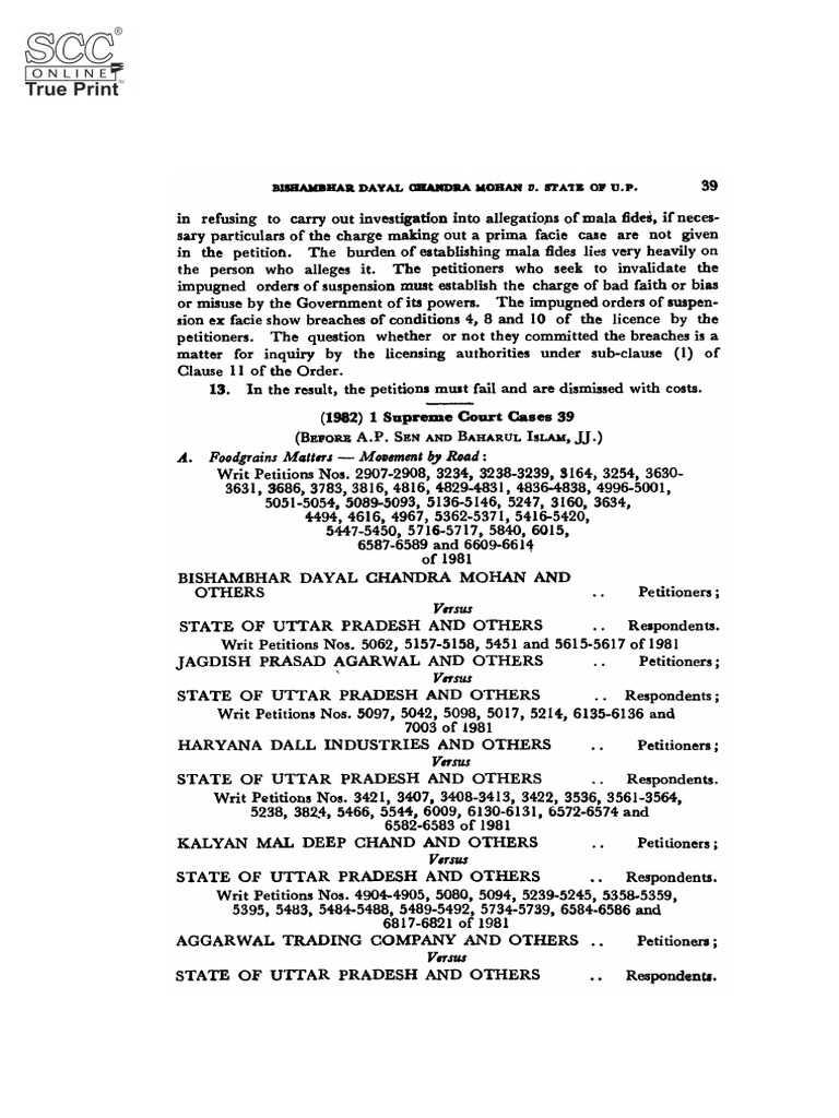 Bishamber Dayal Chandra Mohan V UoI (1982 SC) SCC | PDF | Government ...