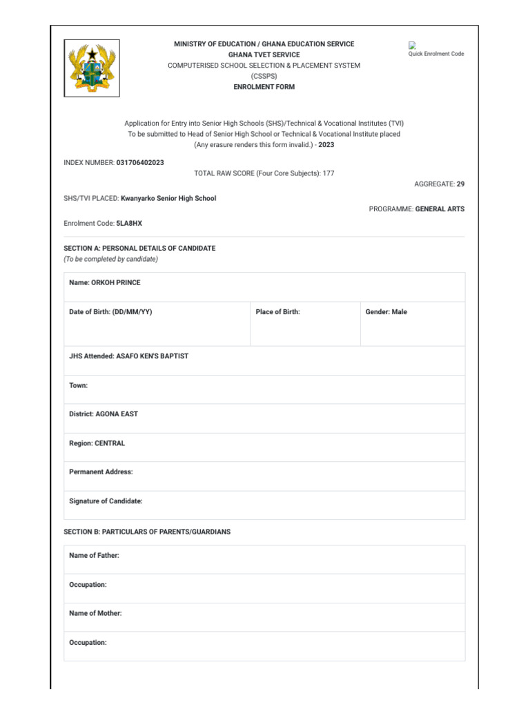 Cssps - Gov.gh Placement Enrolment Form Prince | PDF