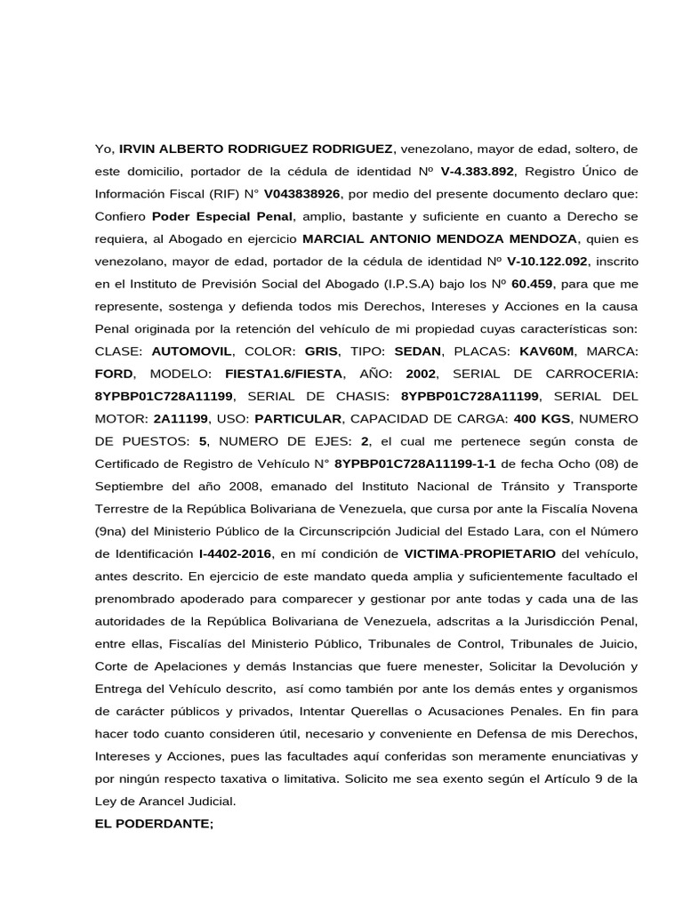 Penal - Poder de Irvin Rodriguez | PDF | Queja | Judicaturas