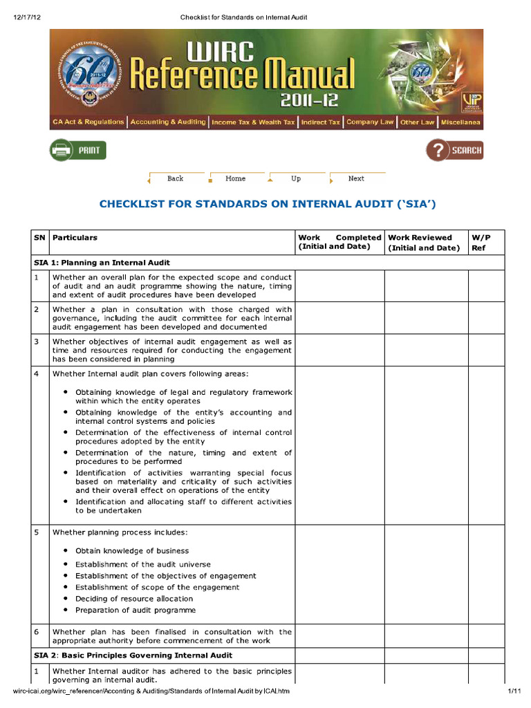 Checklist For Standards On Internal Audit | PDF