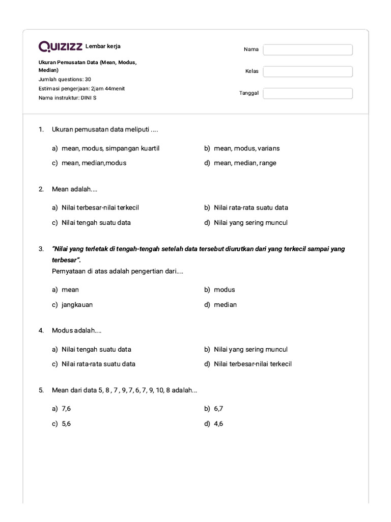 Ukuran Pemusatan Data (Mean, Modus, Median) - Quizizz | PDF