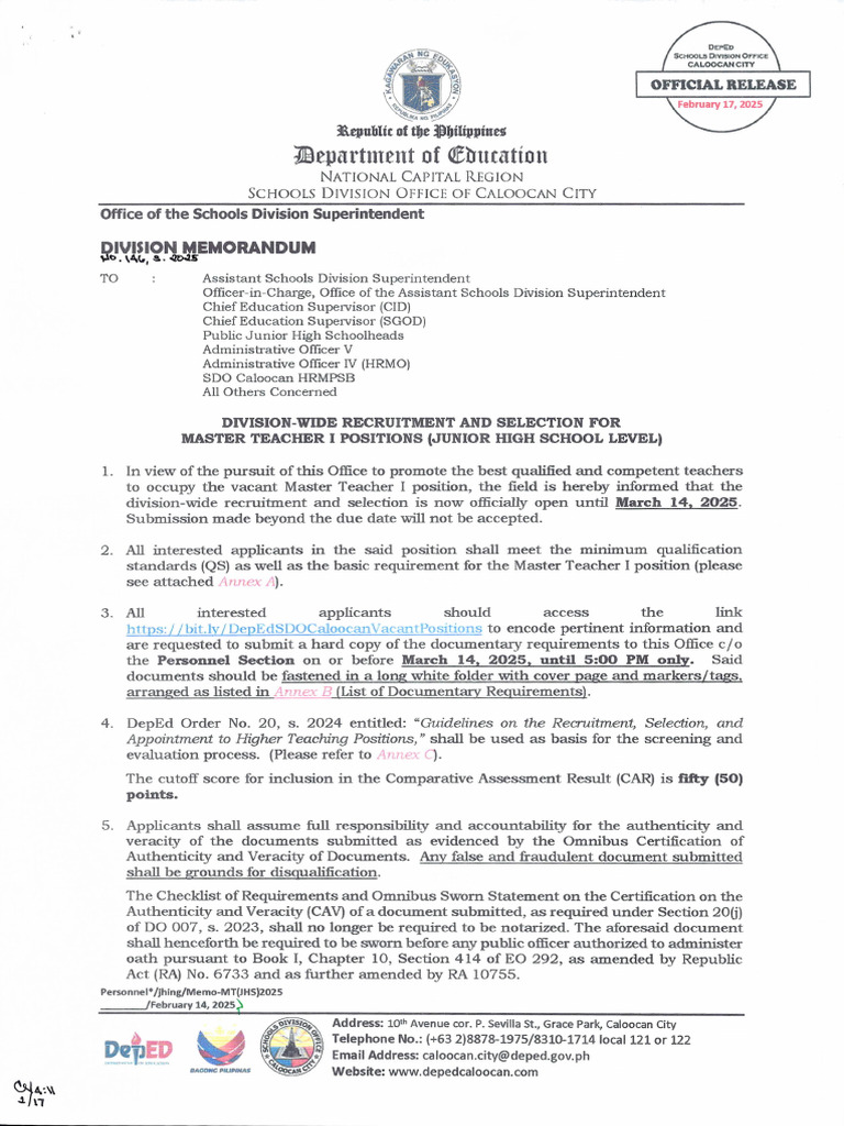 DM No. 146 S. 2025 Division Wide Recruitment and Selection For Master ...