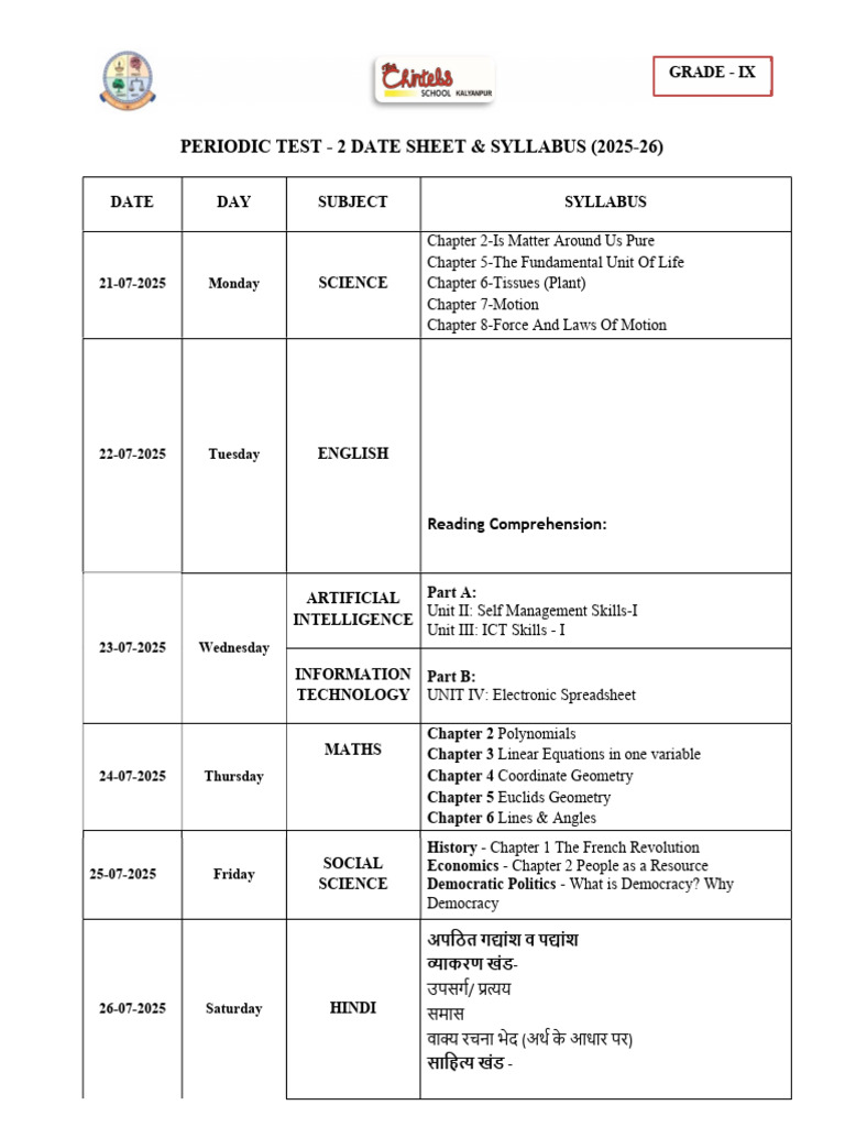 Grade 9 Periodic Test - 2 (2025-26) Datesheet & Syllabus | PDF ...