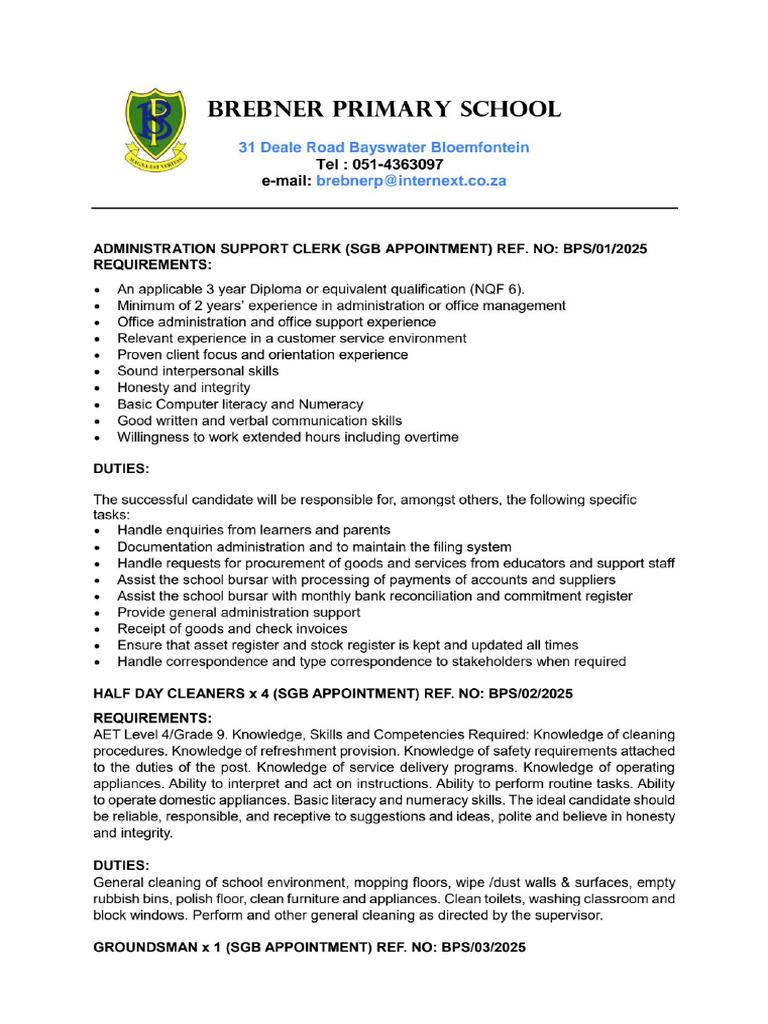 Brebner Primary SGB Vacancies | PDF | Criminal Justice | Crime & Violence