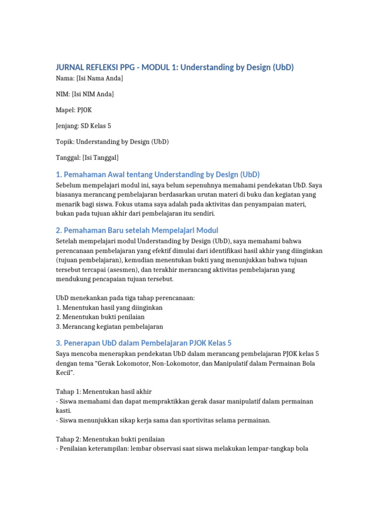Jurnal Refleksi PPG UbD PJOK Kelas5 | PDF