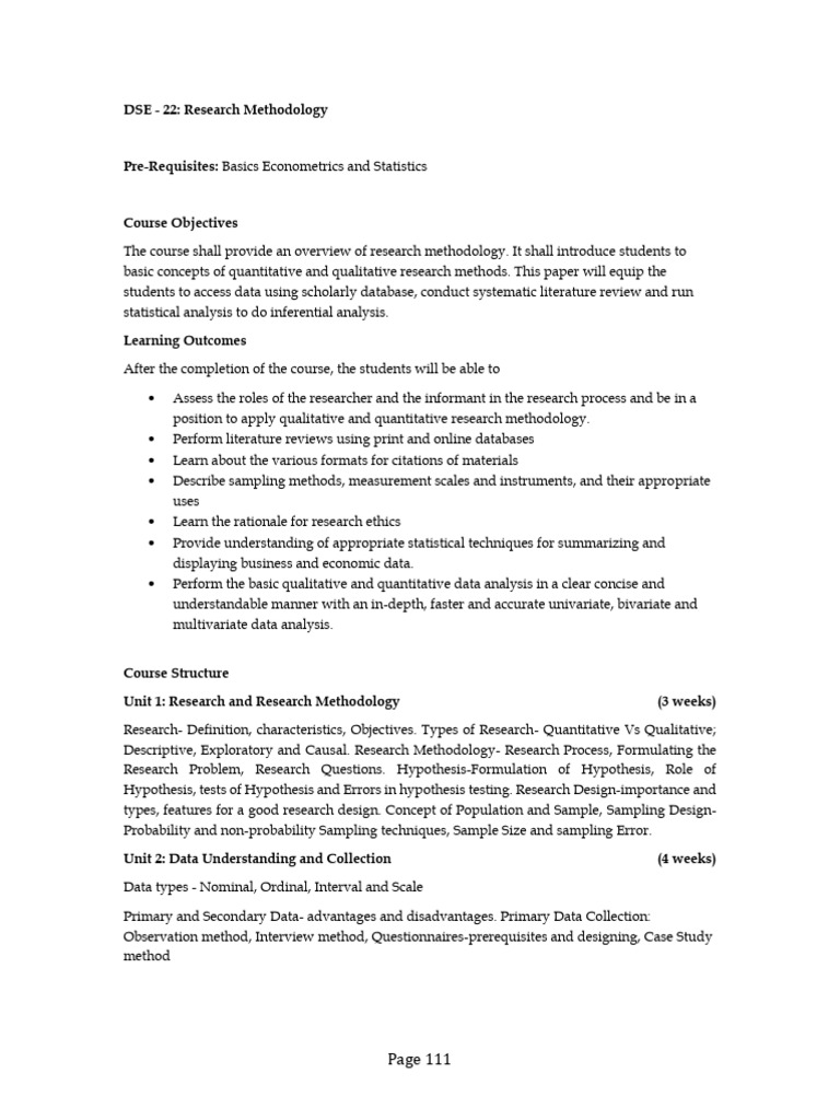 BBE Research Methodology Syllabus | PDF | Methodology | Statistics