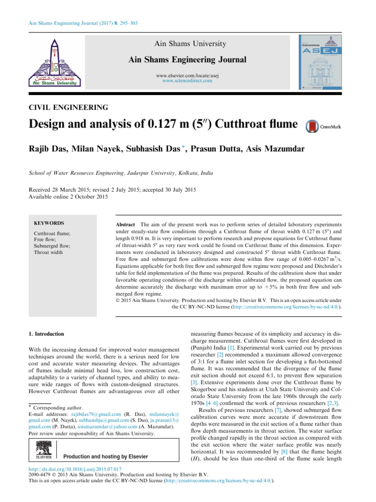 Design and Analysis of 0 127m 5 Cutthroat 2017 Ain Shams Engineering Jou | PDF | Chemical ...