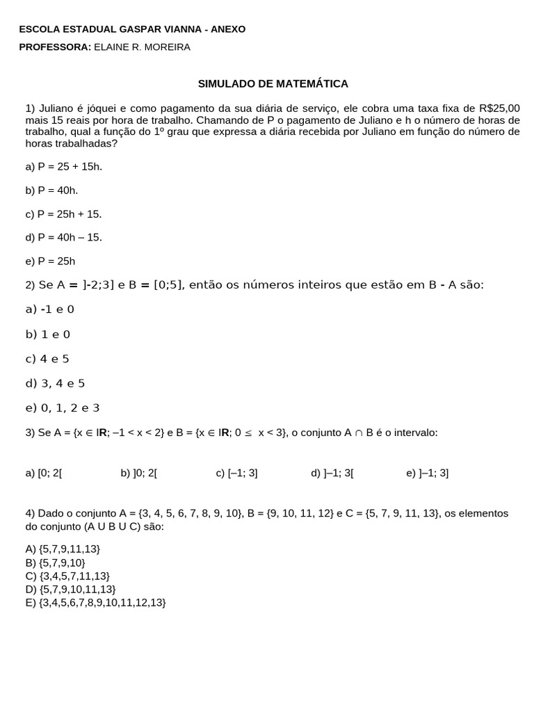 Simulado 1 Ano - Mat (4) | PDF | Matemática | Analise matemática