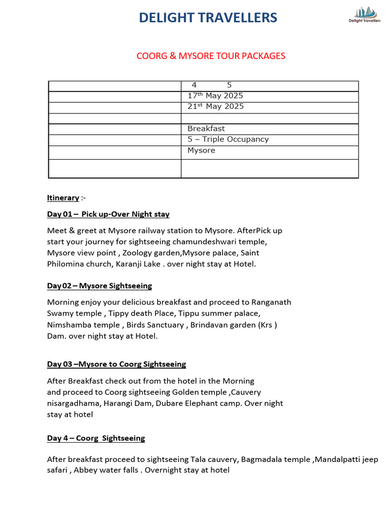 Coorg & Mysore Tour Packages - 18adults + 02 Kids | PDF | Transport