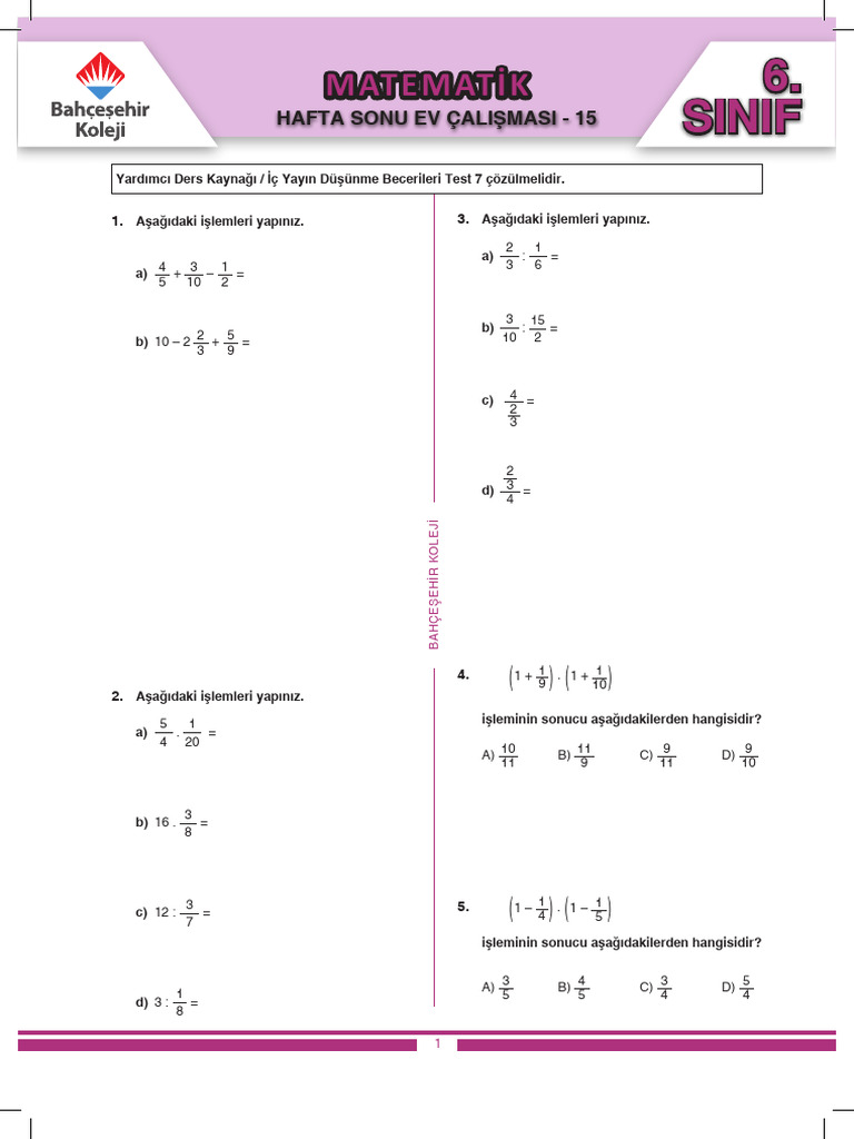 6 Sinif Matematik Hafta Sonu 15 1735200369 | PDF