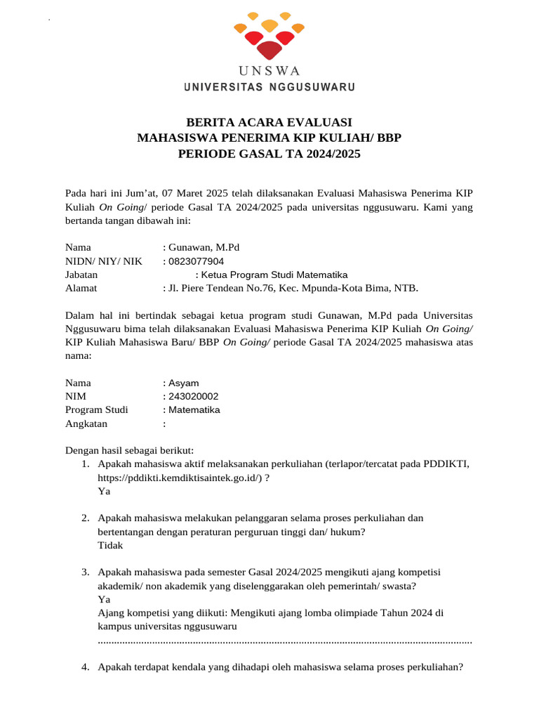 Format BA Evaluasi KIPK BBP Genap 2425 | PDF