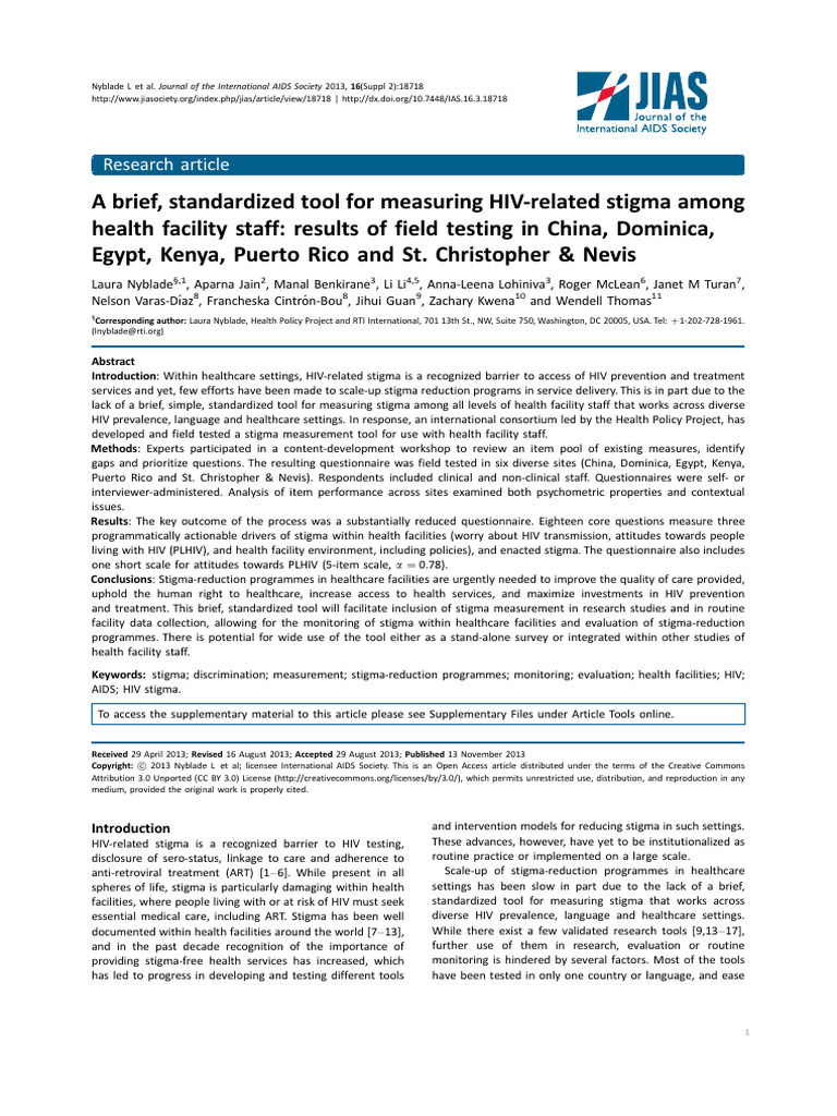 A Brief, Standardized Tool For Measuring HIV-related Stigma Among | PDF ...