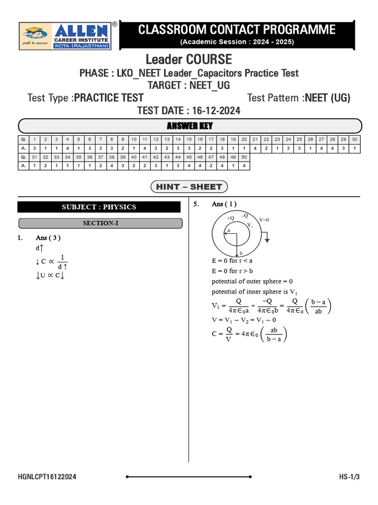 Answers To 16-12-2024 - NEET Leader - Capacitors Practice Test | PDF ...
