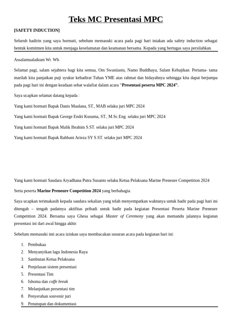 Teks MC Presentasi MPC | PDF