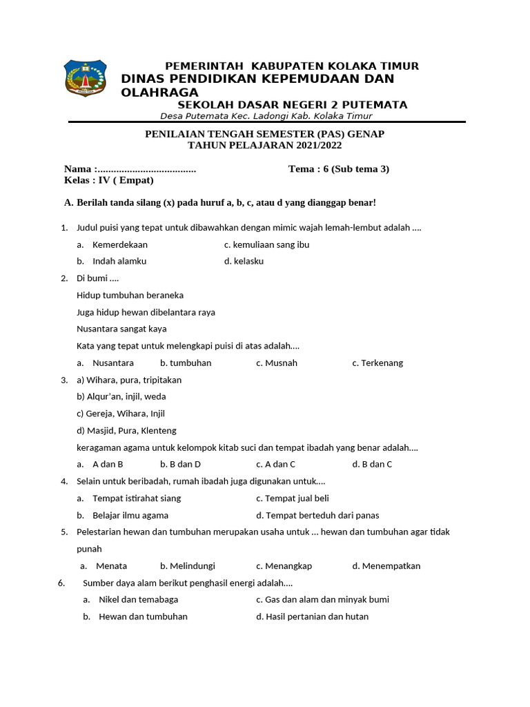 Pts Kelas 4 Tema 6 Sub 3 | PDF