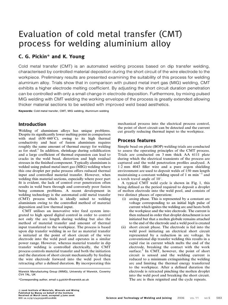Evaluation of CMT Process For Welding Al Alloy | PDF | Welding ...