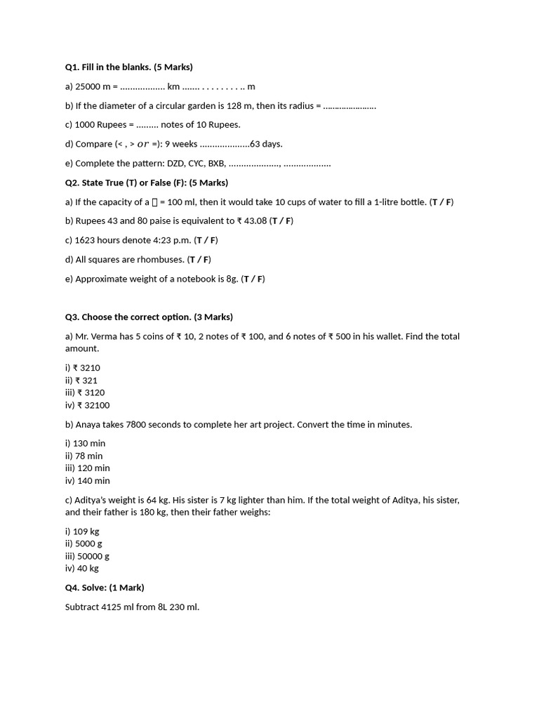 Aarna Final Math Test Paper | PDF