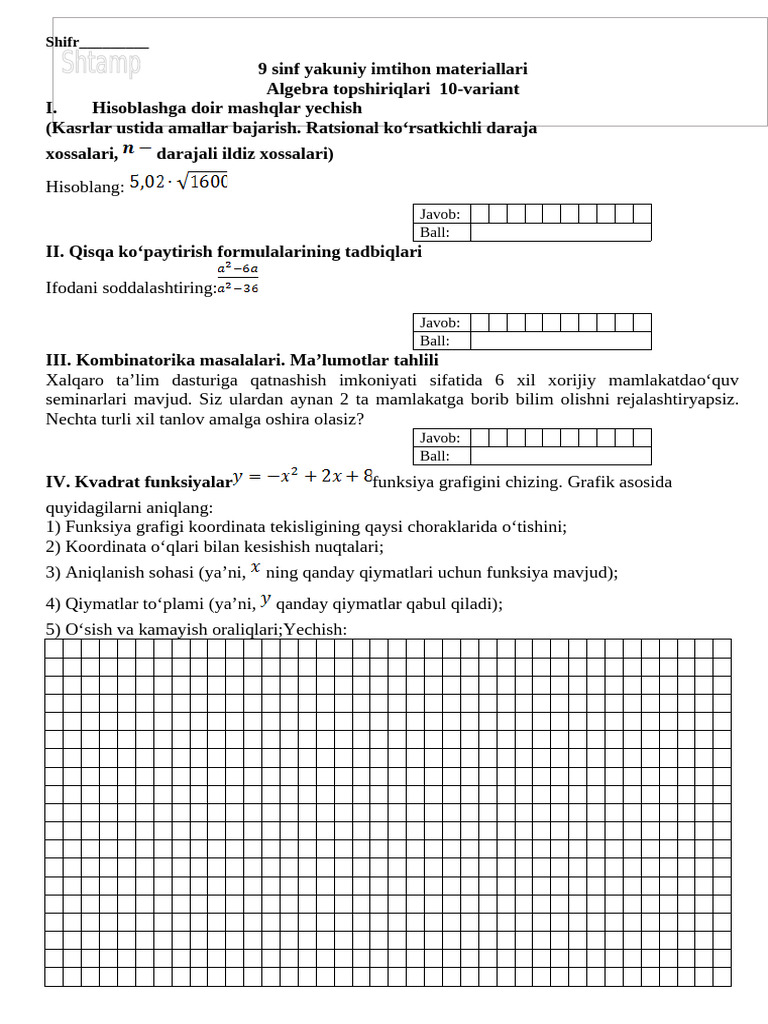 9 Sinf Matematika 10-Variant | PDF