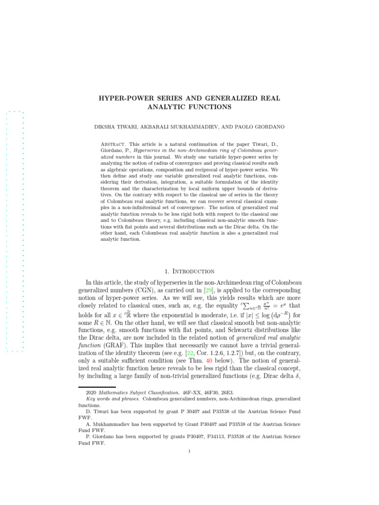 Hyper-Power Series and Generalized Real Analytic Functions | PDF | Limit (Mathematics ...