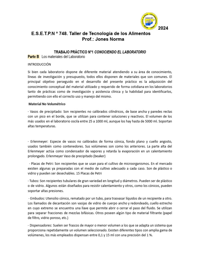 Trabajo Pr-Ctico N-1 B Instalaciones de Laboratorio Materailes Seguridad | PDF | Balanza | Volumen