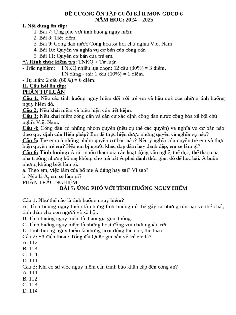 Đề Cương Ôn Tập Cuối Kì II Môn Gdcd 6 | PDF