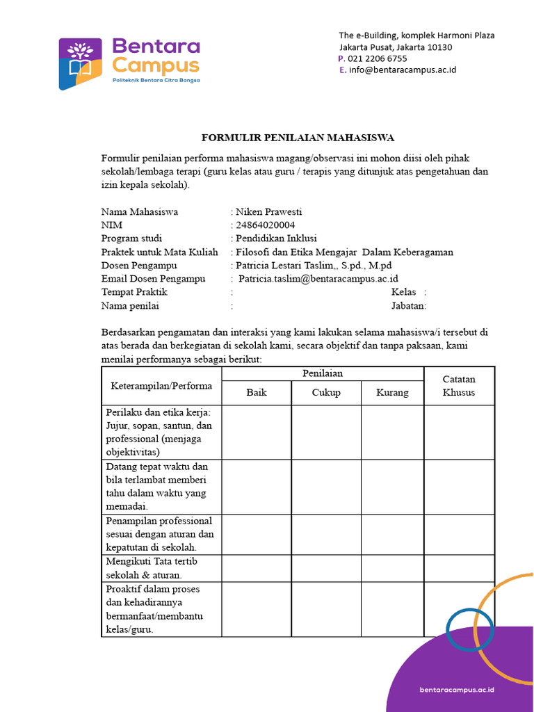 Formulir Penilaian Mahasiswa Praktek | PDF