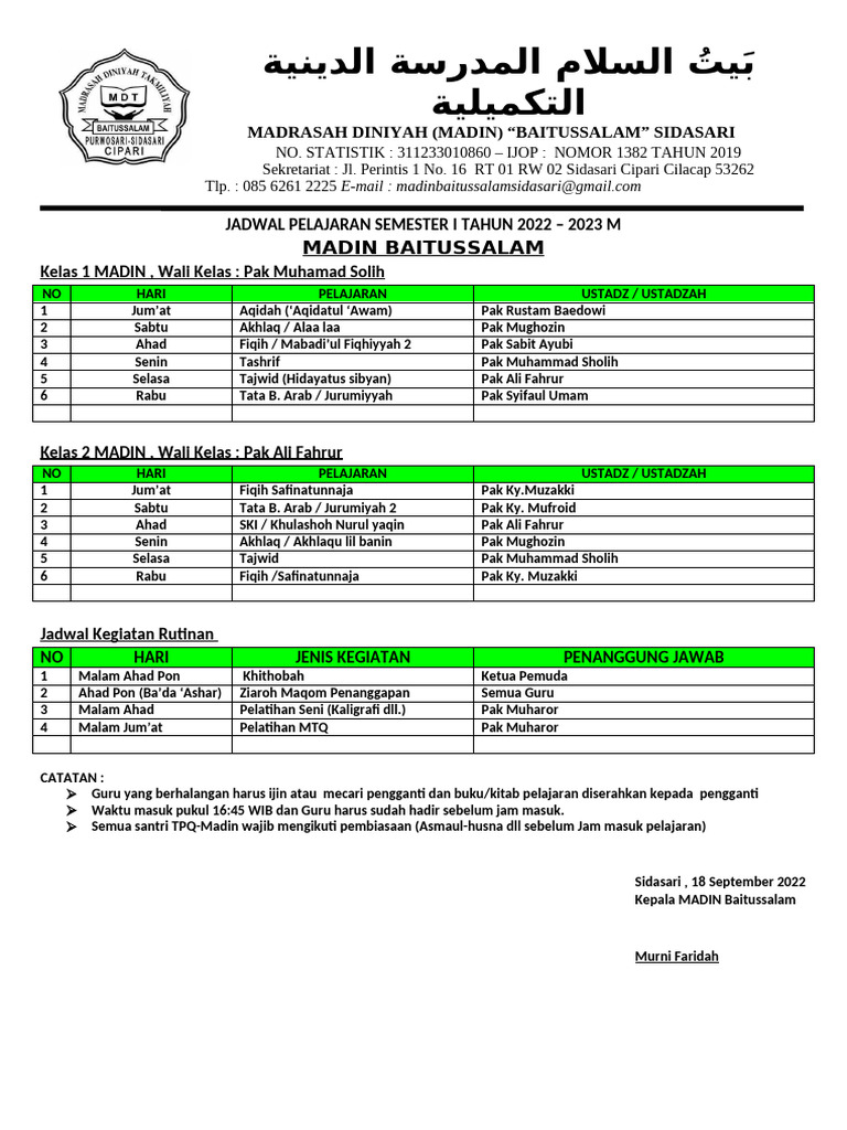 2. Jadwal Pelajaran 2022-2023 Madin | PDF