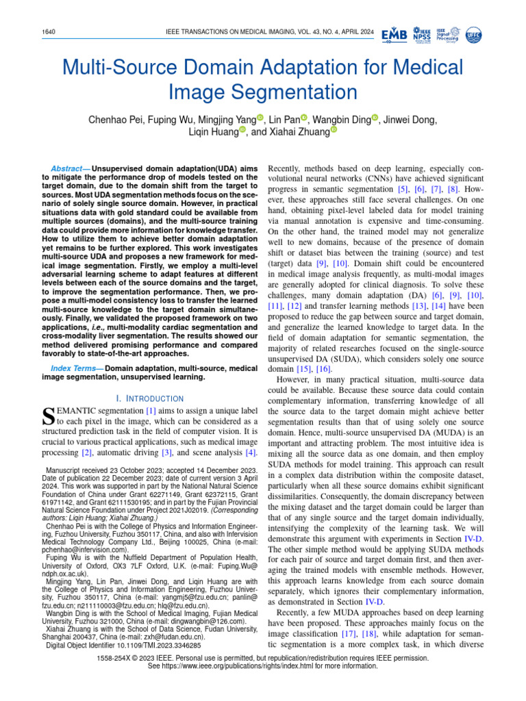 Multi-Source Domain Adaptation For Medical Image Segmentation | PDF | Image Segmentation | Cognition