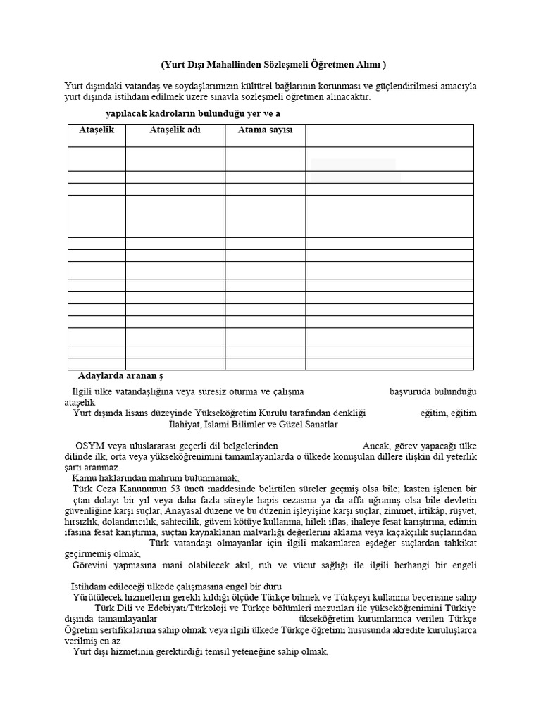 (Yurt Dışı Mahallinden Sözleşmeli Öğretmen Alımı) : Duyuru | PDF