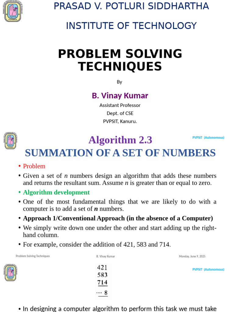 Algorithm for Summing n Numbers | PDF | Summation | Algorithms