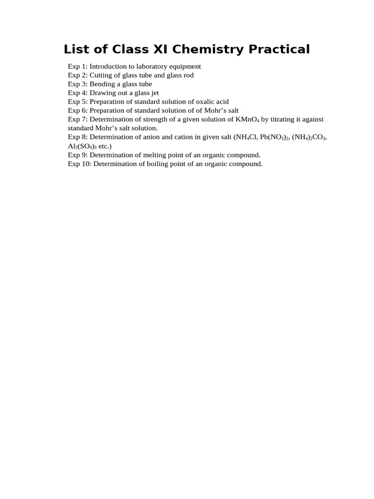 List of Class XI Chemistry Practical | PDF