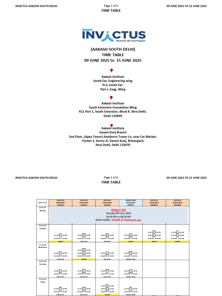 Time Table (09 June - 15 June 2025) Senior Wing | PDF