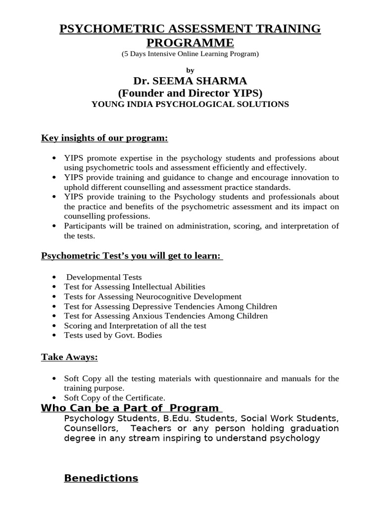 Psychometric Assessment Training Programme by YIPS | PDF