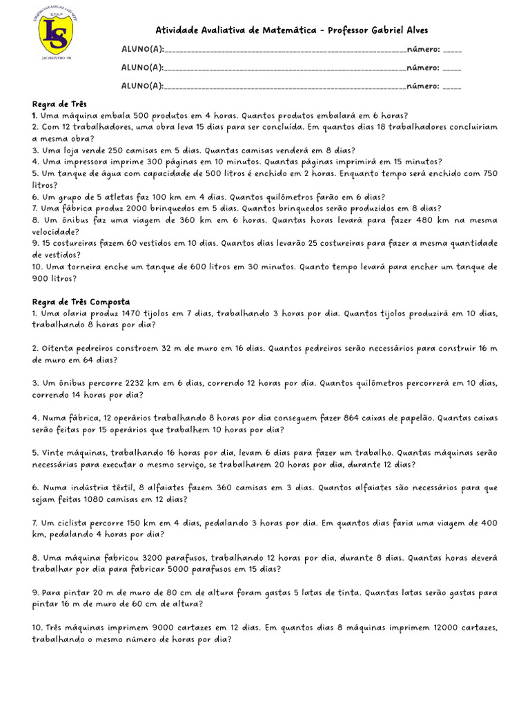 Atividade de Regra de Três em Matemática | PDF
