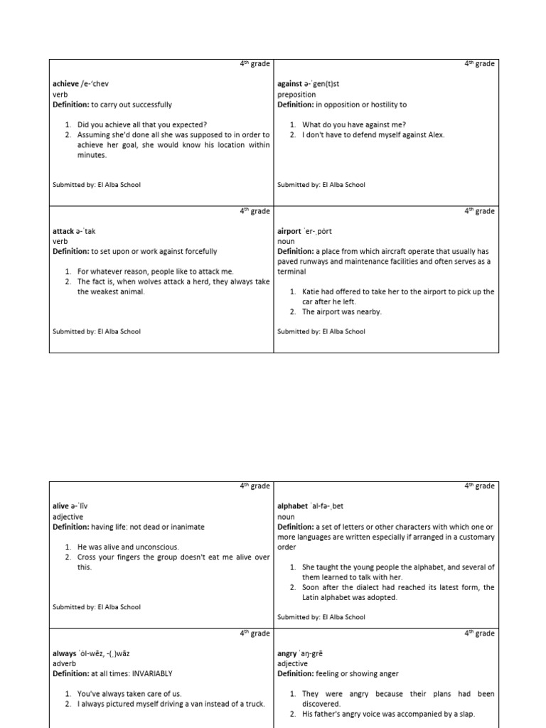 4th Grade Spelling Bee | PDF | Adjective | Verb