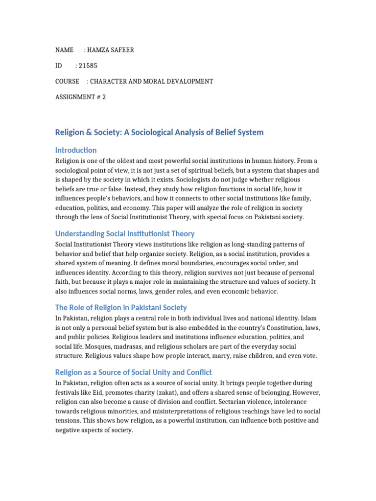 Religion and Society Assignment Hamza Safeer | PDF | Society | Institution