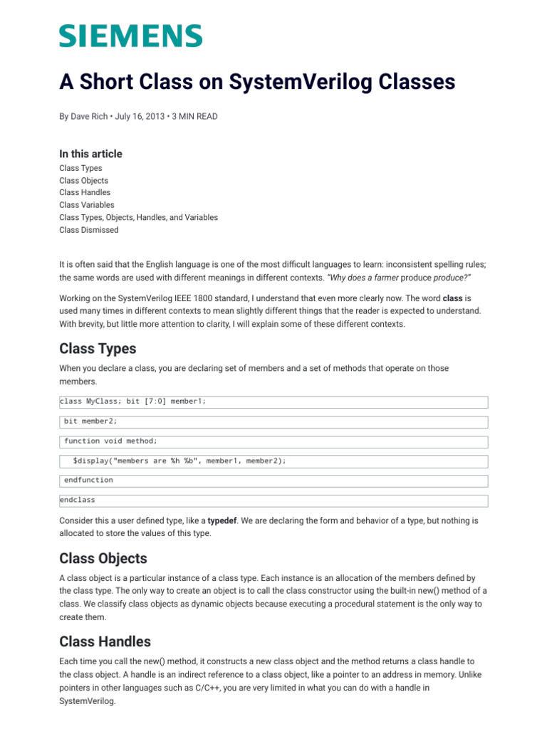 A Short Class On SystemVerilog Classes - Verification Horizons | PDF | Variable (Computer ...