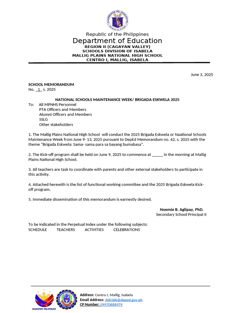 Brigada Eskwela Working Committee | PDF