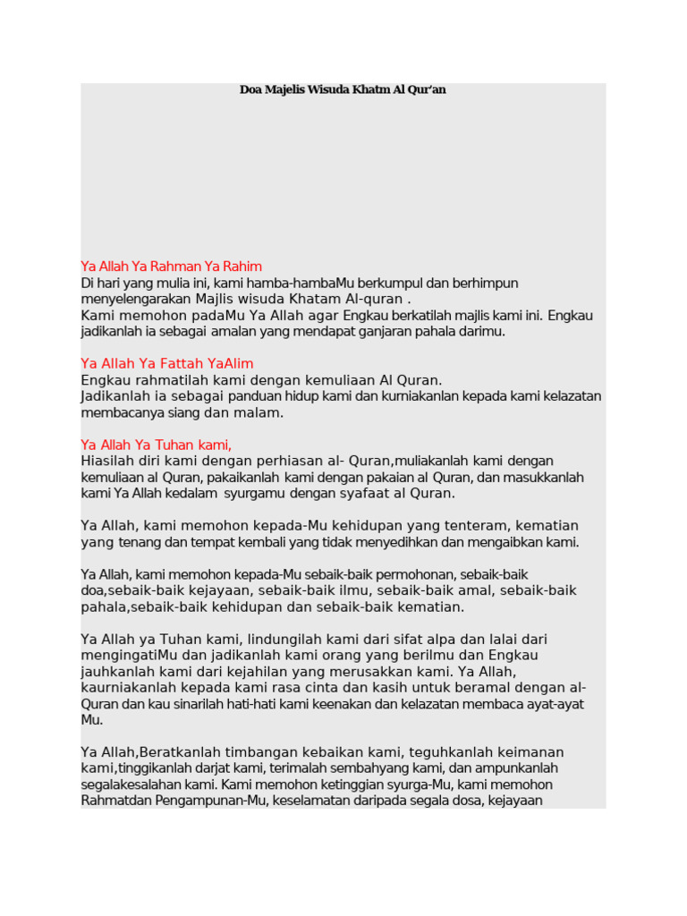 Doa Majelis Wisuda Khatm Al Quran | PDF