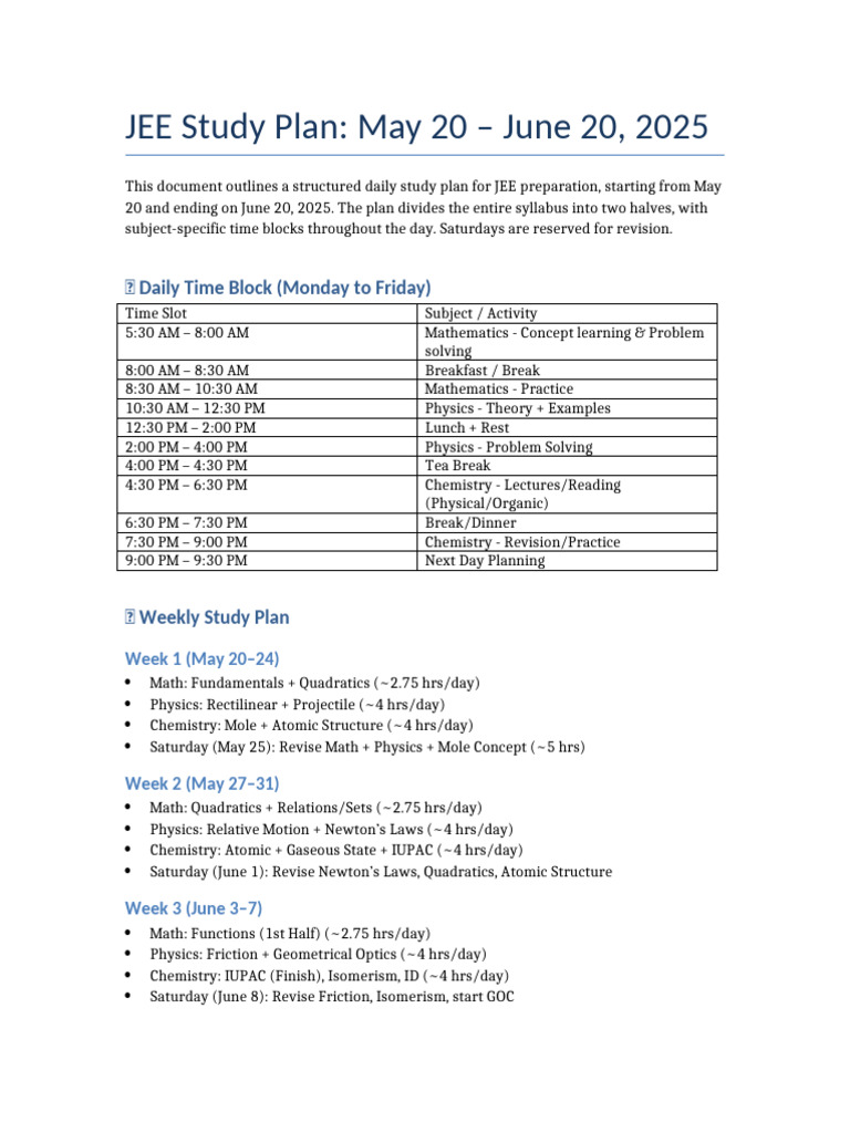 JEE Study Plan May20 June20 | PDF